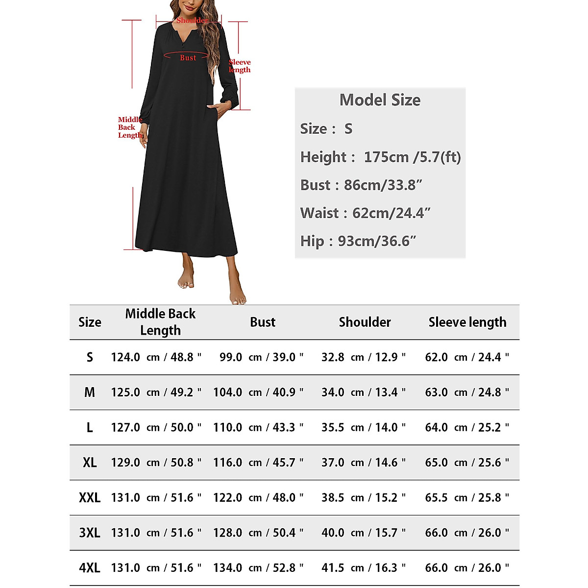 Marvmys Womens Cotton Long Night Gown Long Sleeve Nightshirt Sleepwear with Pockets Black L