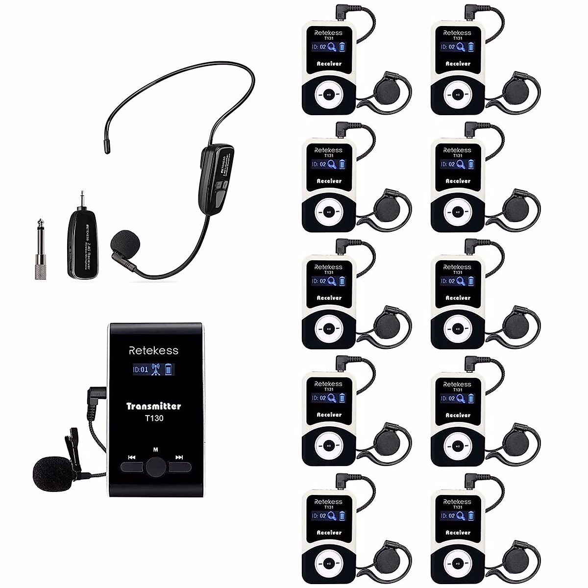 Case of 1 Transmitter 10 Receivers, Retekess T130 Tour Guide System, Assisted Listening Devices,with Retekess TT123 Wireless Microphone, Translation Devices for Church