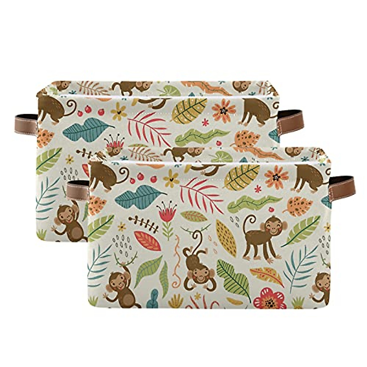 xigua Cute Monkeys In The Jungle Foldable Storage Bin, Collapsible Sturdy Fabric Storage Basket Cube W/Handles, Storage Box for Organizing Toys Nursery Shelf Closet Bedroom Office 2PCS