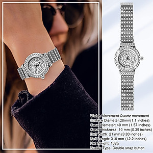 5 Pcs Hip Hop Jewelry Set with Miami Link Chain Necklace Bracelet Bling Crystal Diamond Watch Rhinestone Earrings (Silver, Women)