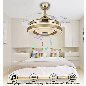 Angry Pryo 42Inch Bluetooth Ceiling Fan with Light and Speaker Music, 7 Color Dimmable LED Retractable Blades with Remote Ceiling Lighting Chandelier for Livingroom Restaurant Hall