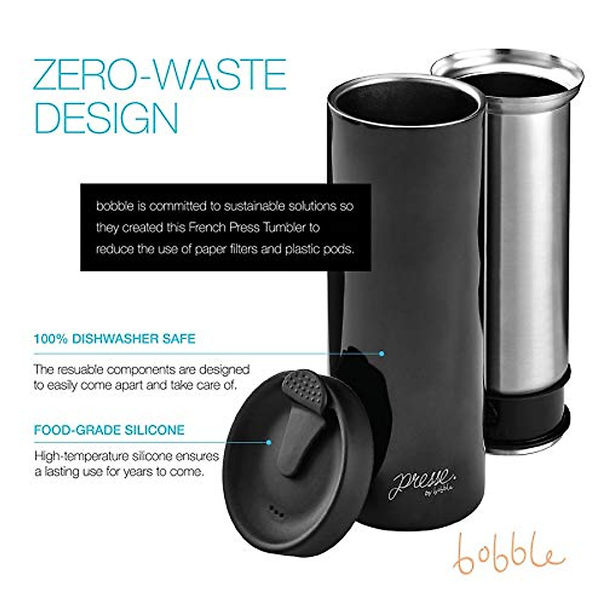 bobble French Coffee Presse, On-The-Go use, Quick Brew, Slim Design, Triple Wall Insulation, 14 oz (Black)
