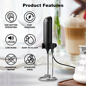 Rechargeable Milk Frother Handheld Foam Maker for Lattes - Whisk Drink Mixer for Coffee with Stand, Mini Electric Foamer for Latte, Cappuccino, Frappe, Matcha, Hot Chocolate (Stand+Black)