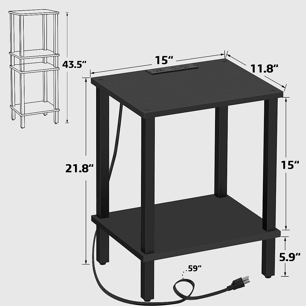 TUTOTAK End Table with Charging Station, Side Table with USB Ports and Outlets, Nightstand, 2-Tier Storage Shelf, Sofa Table for Small Space TB01BK040