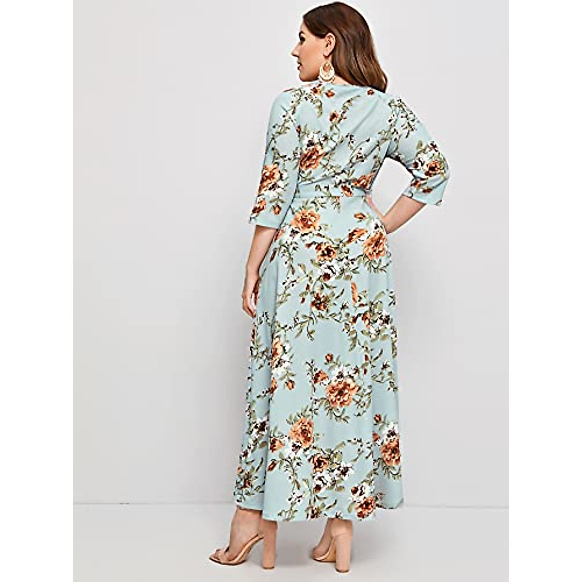 WDIRARA Women's Plus Size Floral Print Round Neck Belted A Line Flared Dress Mint Green 1XL