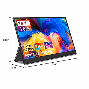 Portable Monitor 14.1'' FHD 1080P Laptop Monitor USB-C HDMI Travel Monitor for Laptop, Ultra-Slim IPS HDR Display w/Speakers, External Small Monitor for PC Phone Mac Xbox PS5/4 Switch