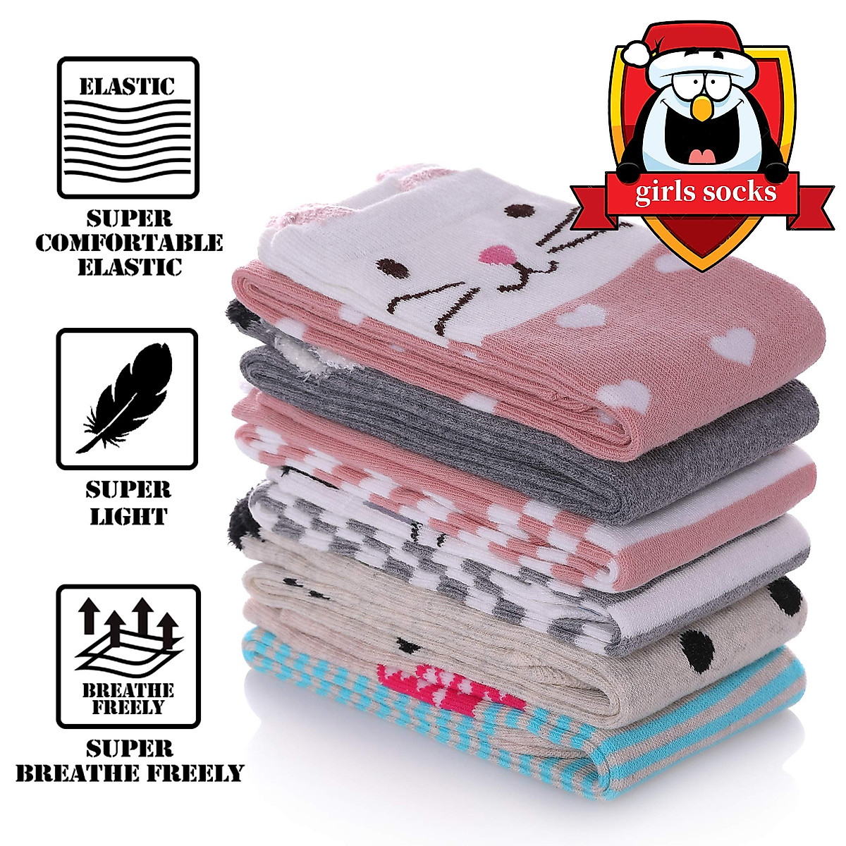 FNOVCO Girls Knee High Socks Cartoon Animal Patterns Cotton Over Calf Socks (6 Pairs Animal)