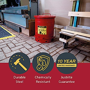 Justrite 10 Gallon Galvanized Steel Oily Waste Can, 18" x 14" Metal Oil Rag Safety Can With Foot Operated Self-Closing Lid for Oil Rag Disposal, Made in the USA, Red, 09300