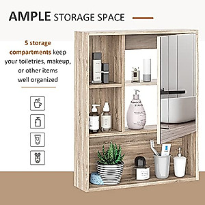 kleankin Wall-Mounted Wooden Bathroom Medicine Cabinet, Storage Cabinet with Mirror Glass Door Adjustable Open Shelf Oak Grain