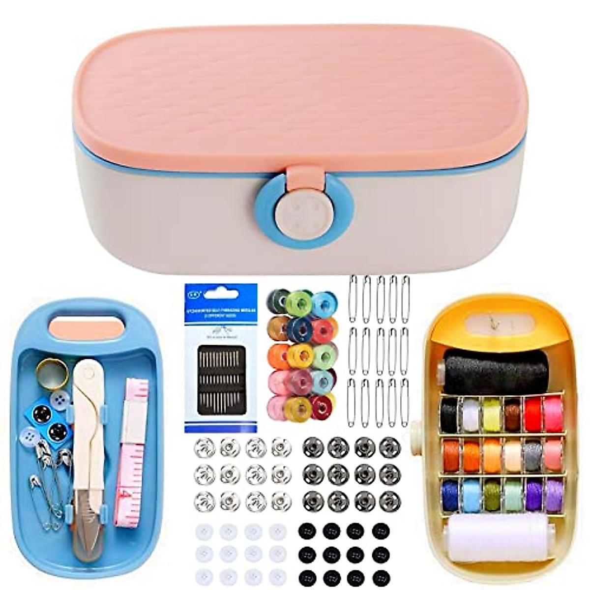FKOG Sewing Project Kit, 135 Pcs Premium Family Sewing Supplies Repair Kit Sewing Thread Accessories Traveler Sewing Kit DIY Sewing Supplies Organizer (Pink)