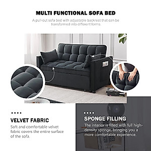 ECHINGLE Sleeper Sofa Bed, 3-in-1 Velvet Pull Out Couch with Armrests, Storage Pockets and 2 Pillows, Adjustable Backrest, Sofa Bed Couch for Living Room, Bedroom(Black)
