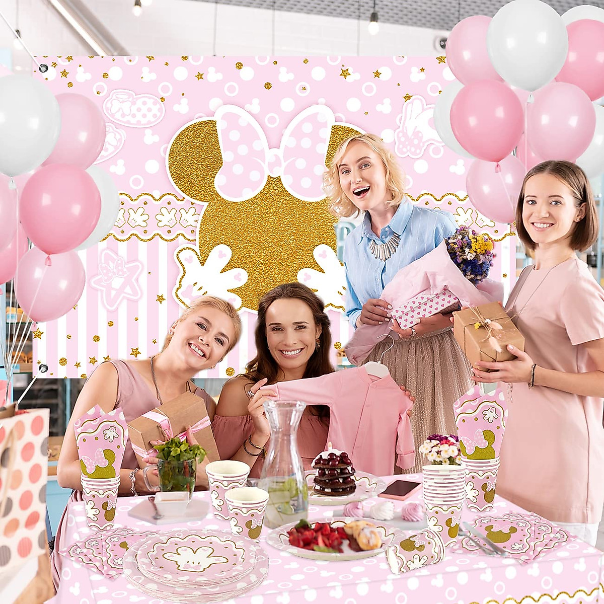 Haimimall Minnie Party Supplies Tableware Set Baby Shower Girl Minnie Theme Mouse Birthday Party Include Backdrop,Tablecloth,Plates,Napkins,Cups,Balloons Baby Shower Decorations Dinnerware Serve 20