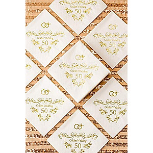 Crisky 50th Wedding Anniversaray Napkins Golden Cocktail Beverage Napkins, 50th Wedding Anniversary Decorations for Candy Cake Table, 50 Pcs, 3-ply