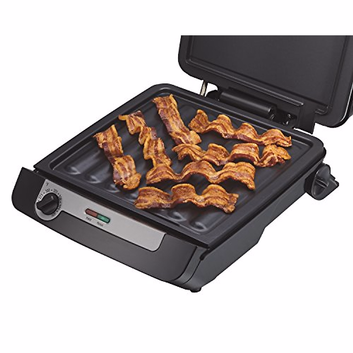 Hamilton Beach 4-in-1 Indoor Grill & Electric Griddle Combo with Bacon Cooker, Opens Flat to Double Cooking Surface, Removable Nonstick Plates, Black & Silver (25601)
