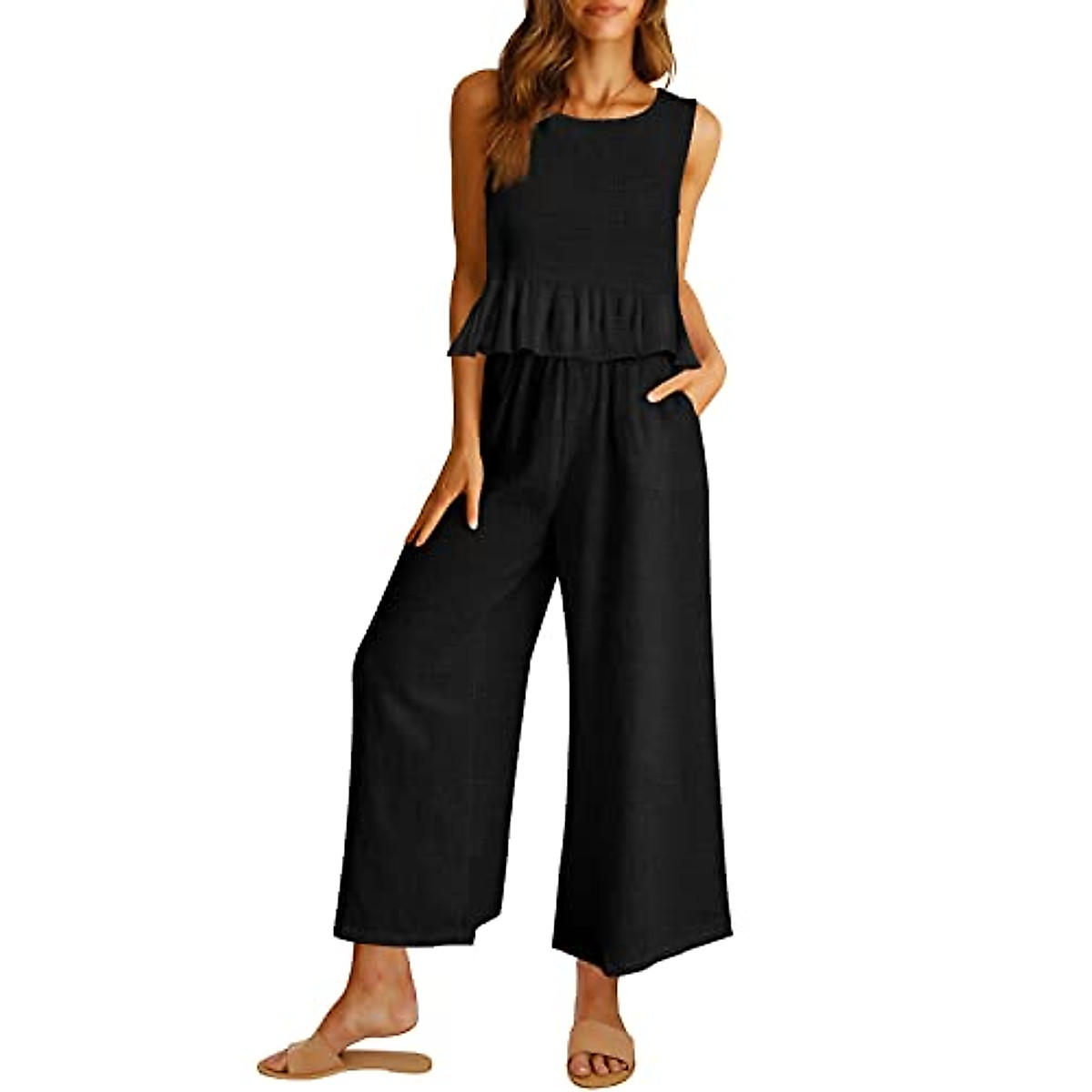 AUTOMET Two Piece Outfits for Women Fall Teacher Outfits 2023 Summer Vacation Beach Sleeveless Linen Crop Tank Top Casual Lounge Sets Comfy Tracksuits Long Pants Dressy Trendy Clothes