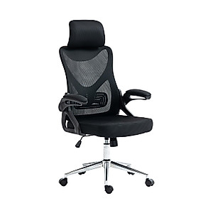 Techni Mobili Essential Ergonomic Office Chair with Lumbar Support & Adjustable Headrest – Breathable Mesh Office Chair with Flip-Up Armrests, Durable Chrome Base - Black