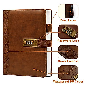CAGIE Journal with Lock for Adults, Large Refillable Lock Diary 6 Ring Binder Notebook with Lock for Men Women, 7 x 9 Inch, Brown
