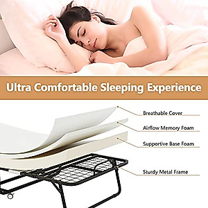 75" x 35" Folding Bed with Mattress, Twin Size Portable Foldable Rollaway Guest Bed for Adults, Cots Fold Up Bed with Fabric Storage Bag & 5 Inch Memory Foam Metal Frame Wheels