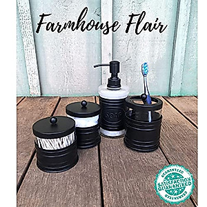 Autumn Alley Modern Farmhouse Glass and Black Bathroom Accessories Set (4 PCS) - Lotion Soap Dispenser, Toothbrush Holder, 2 Apothecary Jars (Qtip Holder) - Rustic Farmhouse Bathroom Decor
