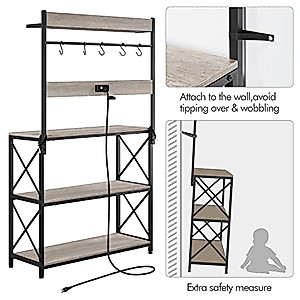 Yaheetech Kitchen Bakers Rack with Power Outlet, 36.5" W Microwave Oven Stand Kitchen Storage Rack with Hooks for Dining Room, Kitchen Organizer Shelves for Spices, Pots and Pans, Gray