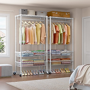 VIPEK R2 Rolling Garment Rack Heavy Duty Clothes Rack for Hanging Clothes Adjustable Wire Clothing Rack with Hanging Rack, Freestanding Portable Closet on Wheel with Basket Metal Closet Storage, White