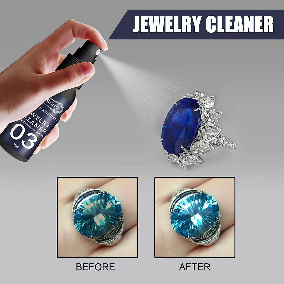 wekunro Jewelry Instant Shine Silver Jewelry Cleaner Spray and Brush Kit, Diamond-Shine Jewelry Cleaner Spray Set, Quick Jewelry Cleaning Spray Restore Sparkle for Jewelry 30ml (1PCS)