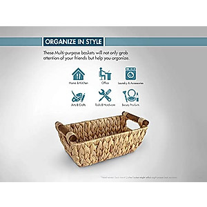 ADO Basics Water Hyacinth Hand Woven Basket, Stain Resistant Polished Wooden Handles Storage Wicker Baskets 12" Length, 6.29" Width, 4.25 Height