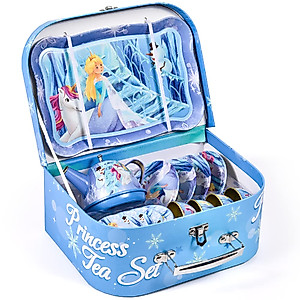 Golray Tea Party Set for Little Girls Frozen Toys Inspired Elsa Princess Gift, 49Pcs Kid Tin Tea Set & Luxury Food Playset & Carry Case, Kitchen Pretend Play Toy 3-5 Years Toddler Girls Birthday Gift