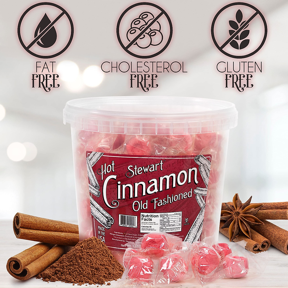 Stewart Old Fashioned Hot Cinnamon Flavored Pure Sugar Candy Puff Balls - Individually Wrapped Candy Snack, Fat-Free, Cholesterol-Free, Gluten-Free, Made in the USA - 27oz Tub