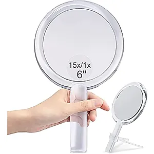 B Beauty Planet Handheld Mirror with Handle Double Sided, 1x/15x Magnifying Hand Mirror for Women, Hand Held Mirror with Adjustable Stand, 6"