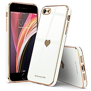 Teageo Case for iPhone SE 2022, SE 2020, iPhone 7 / 8, Phone Case for Women Girl Cute Love-Heart Luxury Bling Plating Soft Back Cover Camera Protection Bumper Silicone Shockproof Case, White