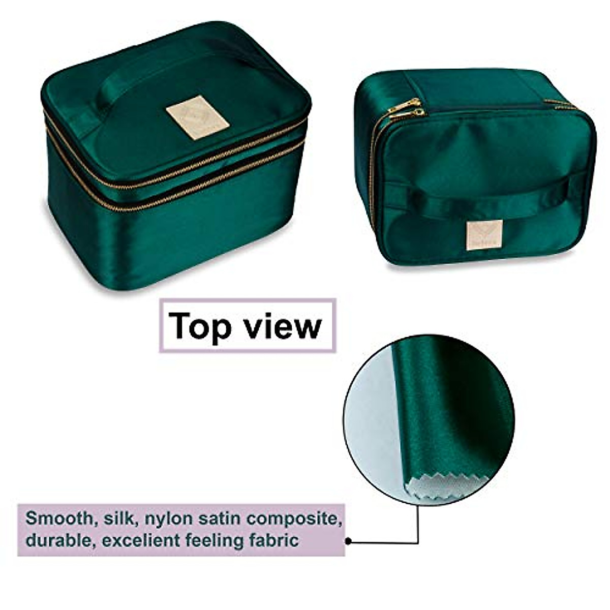 Eudora Double Layer Travel Makeup Bag, Green Nylon Satin Makeup Bag Organizer with Portable Mirror and Brushes holders, Large Cosmetics bag for Women (Green)