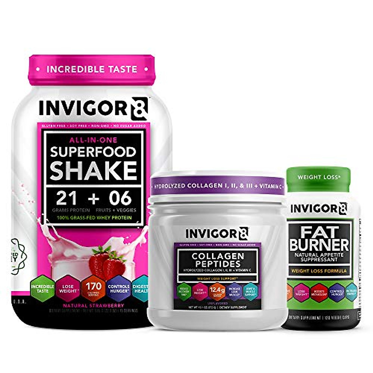 INVIGOR8 Superfood Shake (Strawberry) Whey Protein Shake + Collagen Peptides + Fatburner Bundle