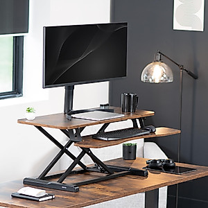 VIVO 38 inch Desk Converter, K Series, Height Adjustable Sit to Stand Riser, Dual Monitor and Laptop Workstation with Wide Keyboard Tray, Rustic Vintage Brown Top, Black Frame, DESK-V037KN