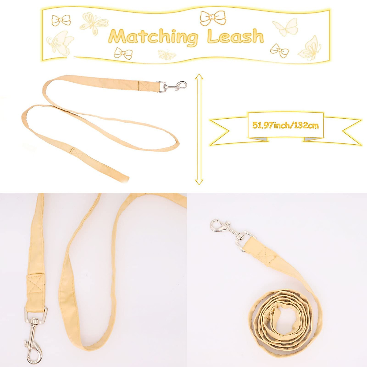 Albrost Dog Dress Harness Vest with Matching Leash, Golden Bow-Knot Puppy Dresses D Ring, Cute Leash Set, Princess Multi-Layer Pleated Skirt Pet for Small Cat (Medium), Golden,Gold,White