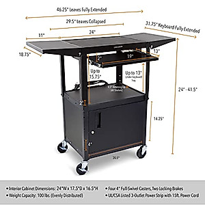 Line Leader AV Cart with Locking Cabinet and Drop Leaves | Height Adjustable Utility Cart with Extra Storage | Power Strip and Cord Management | Great for Presentations (Black / 46 x 18)