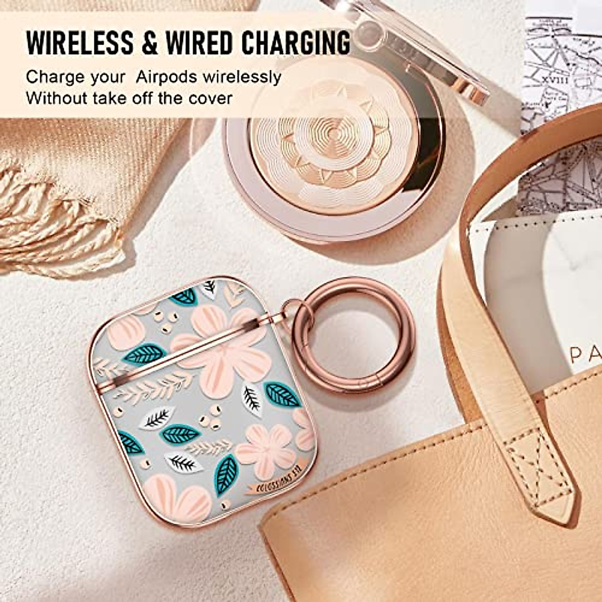 Youskin Airpod 1st&2nd Generation Case Flower Cute,AirPod 1&2 Case, Rose Golden Plating Airpods 2&1 Case for Men Women with Keychain，Shockproof Protective Case for AirPod 2 & 1,Blue Pink Flower