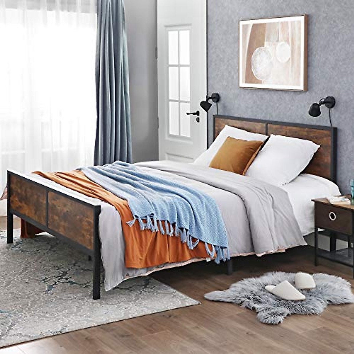 VASAGLE Queen Size Metal Bed Frame with Headboard, Footboard, No Box Spring Needed, Platform Bed, Under-Bed Storage, Industrial Style, Rustic Brown and Black URMB001B01