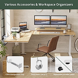 FEZIBO 75 Inches Triple Motor L Shaped Standing Desk Reversible, Electric Height Adjustable Corner Stand up Desk, Sit Stand Desk Computer Workstation, White Frame/Natural Top