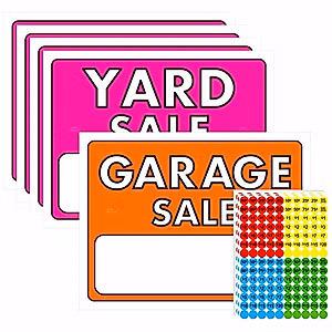 5-Pack Double-Sided Yard Sale Sign Kits with 1400 pcs Sale Pricing Stickers, Large Font, Fluorescent Neon Color, All-Weather Plastic-Coated Signs for Yard Garage Sale