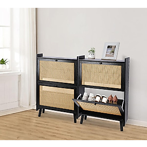 ZYBT Black Shoe Storage Organizer for Entryway, Rattan Shoe Storage Cabinet, 2 Flip Drawers Shoe Organizer Slim Wooden Shoe Rack for Door, Free Standing Shoe Racks for Entryway