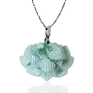 Dahlia Lotus Jade Necklace, Real Grade A Certified Burma Jadeite for Beauty and Purity, Sterling Silver Italy Chain Rhodium Plated for Scratch Resistant and Anti-Tarnish, Silver Bale - Q100