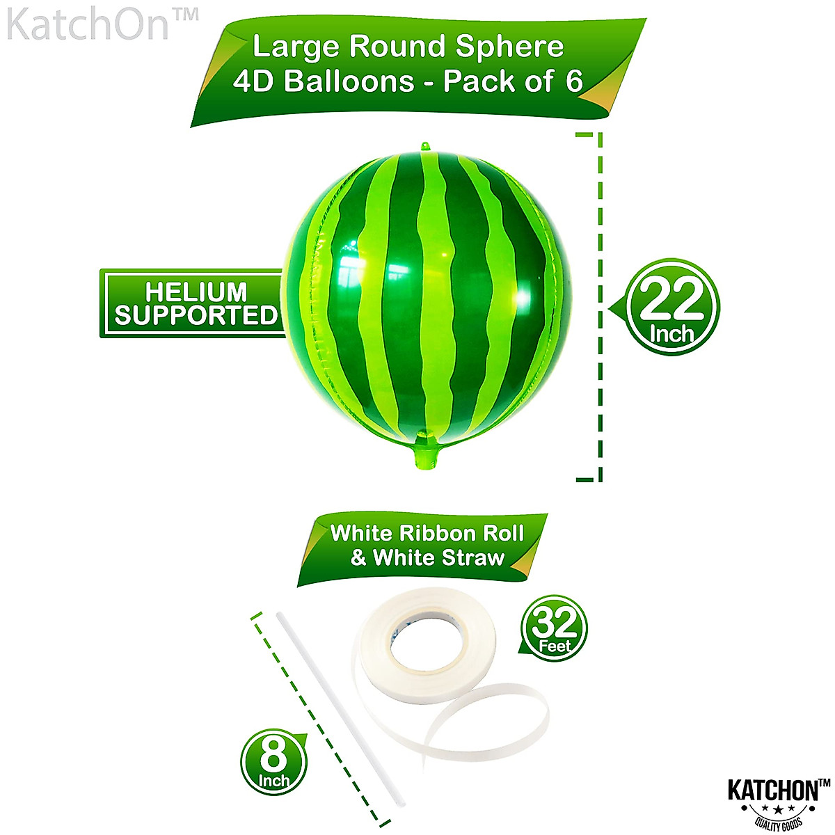 KatchOn, Big 22 Inch Watermelon Balloons - Pack of 6 | One In A Melon Party Decorations | 4D Round Watermelon Balloon, Watermelon Decorations | Watermelon Mylar Balloon, Watermelon Party Supplies