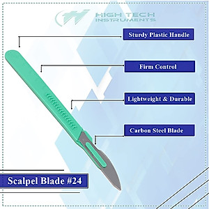 Box of 10 Disposable Surgical Sterile Scalpel Blades #24 Made of Carbon Steel with Sturdy Graduated Plastic Handle for Lab Students, Cutting, Carving, Repairing, Dermaplaning + More