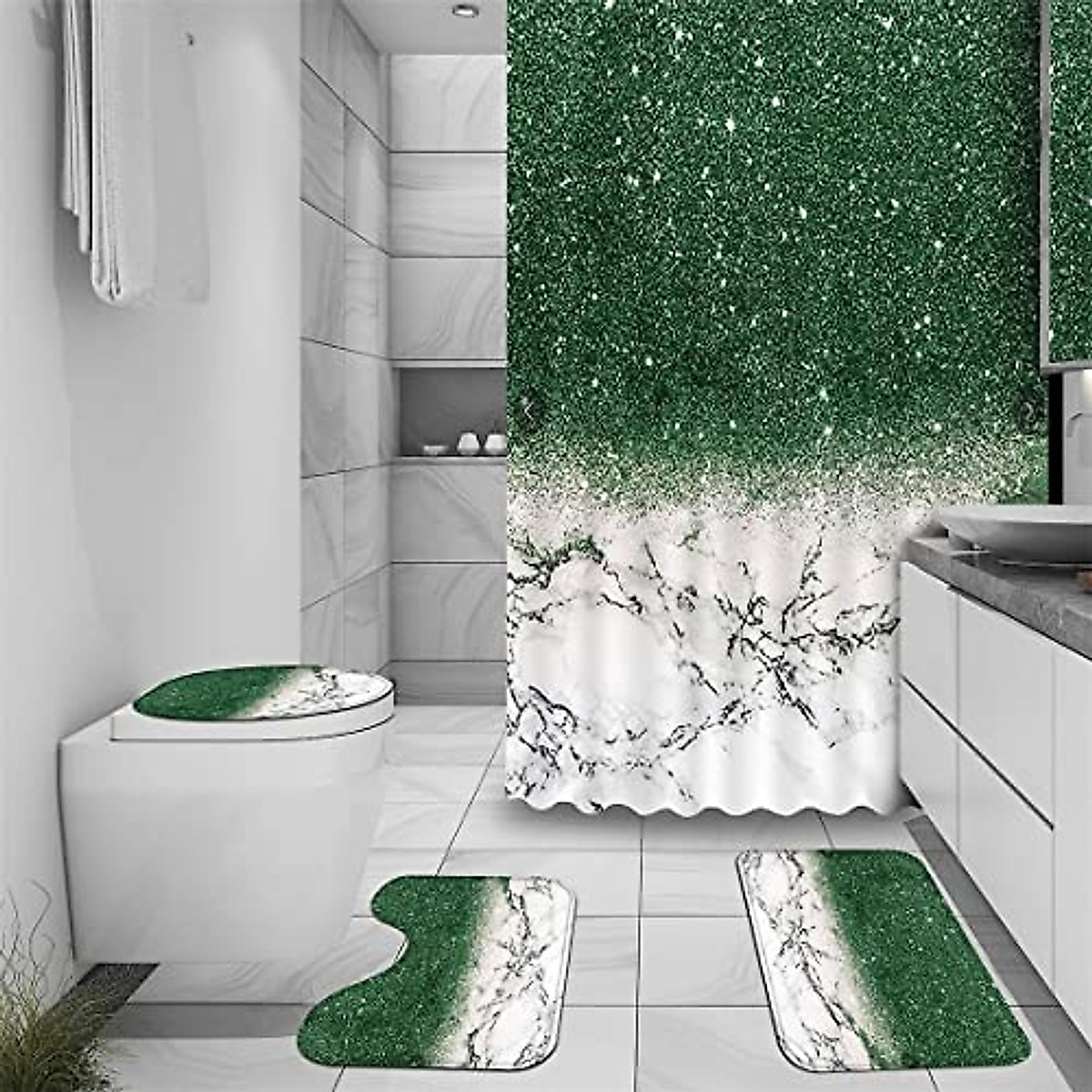 JQH store 4PCS Green Marble Shower Curtain Set with Non-Slip Rugs Toilet Lid Cover and Bath Mat Shower Curtain with 12 Hooks Bathroom Sets with Shower Curtain and Rugs and Accessories