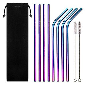 8 Stainless Steel Straws Rainbow - 4 Bent & 4 Straight 6mm Straws with 2 Cleaning Brushes - Non-Toxic & BPA Free Reusable Straws for Everyday Use