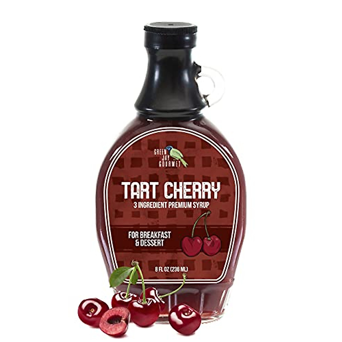 Green Jay Gourmet Tart Cherry Syrup - Premium Breakfast Syrup with Sweet Cherries, Cane Sugar & Lemon Juice - All-Natural, Non-GMO Pancake Syrup, Waffle Syrup & Dessert Syrup - 8 Ounces
