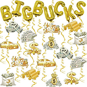 Money Party Decorations Big Bucks Balloons Gold Money Theme Hanging Swirls Dollar Bill Signs Currency Symbol Money Bag Happy Birthday Party Decorations for Adults Buchona Casino Gangster Party 31 pcs