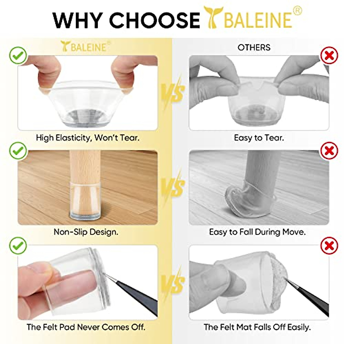 BALEINE 16 Pack Silicone Chair Leg Floor Protectors, Stool Leg Protectors Cap, Non-Slip Chair Leg Caps for Hardwood Floors (Clear & Large, 16 Pack)