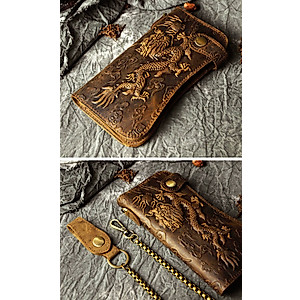 Le'aokuu Mens Genuine Leather Bifold Wallet Organizer Checkbook Iron Chain(0 1088 Dragon Light Brown)